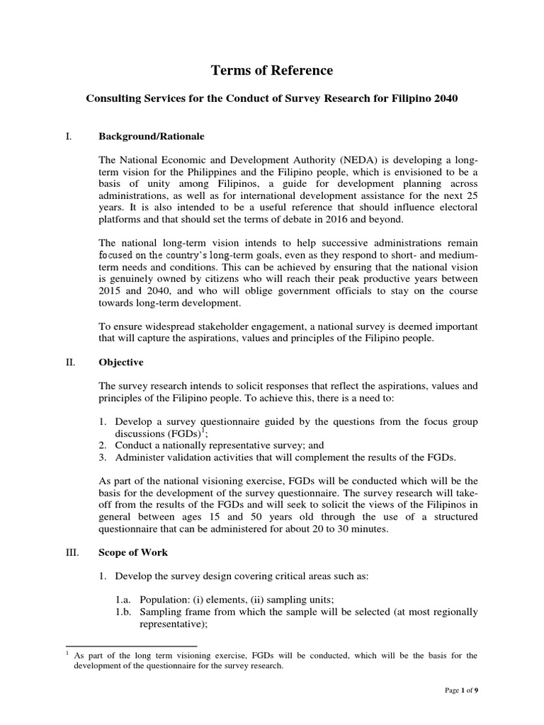Terms of Reference: Consulting Services For The Conduct of Survey Research For Filipino 2040 ...