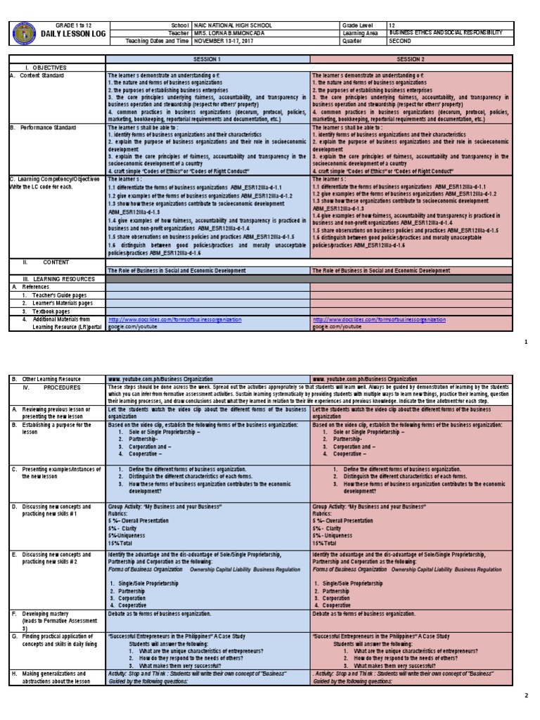 DLL Week 1 Business Ethics W Remarks | PDF | Sole Proprietorship | Learning