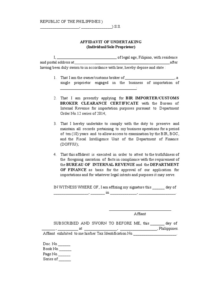 BIR-BCC Affidavit of Undertaking For Indiv or Sole Prop | PDF | Finance & Money Management