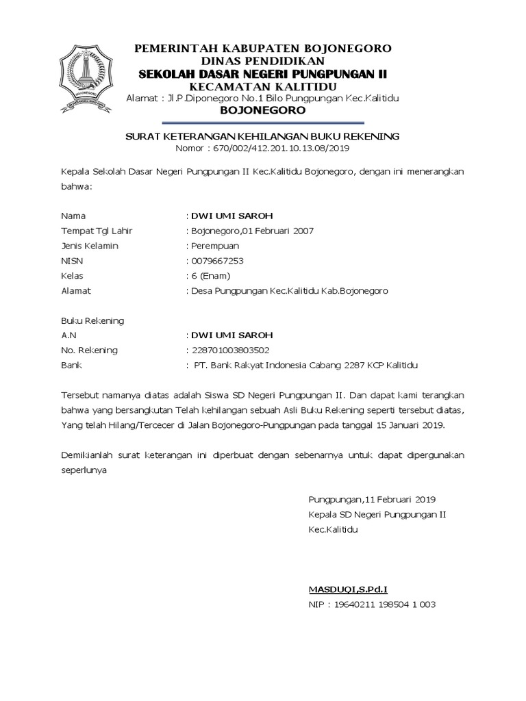 Surat Ket Kehilangan Buku Rek | PDF