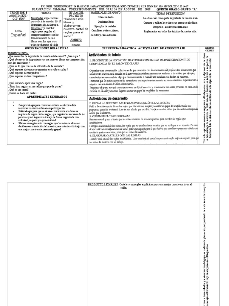 Planeacion Primera Semana Quinto Gdo.19!20!26 Al 30de Agosto-2019 | PDF ...