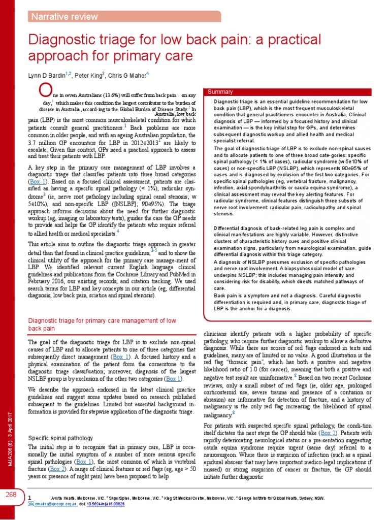 Diagnostic Triage for Low Back Pain: A Practical Three-Category ...