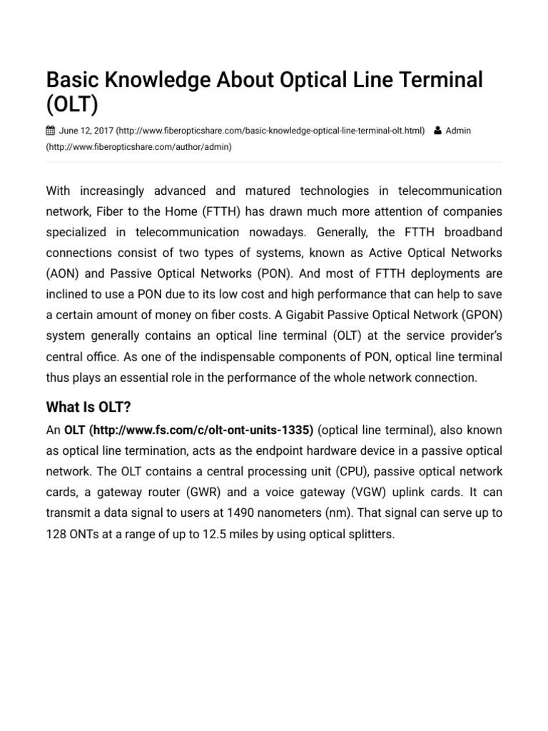 Basic Knowledge About Optical Line Terminal (OLT) | PDF | Fiber To The ...