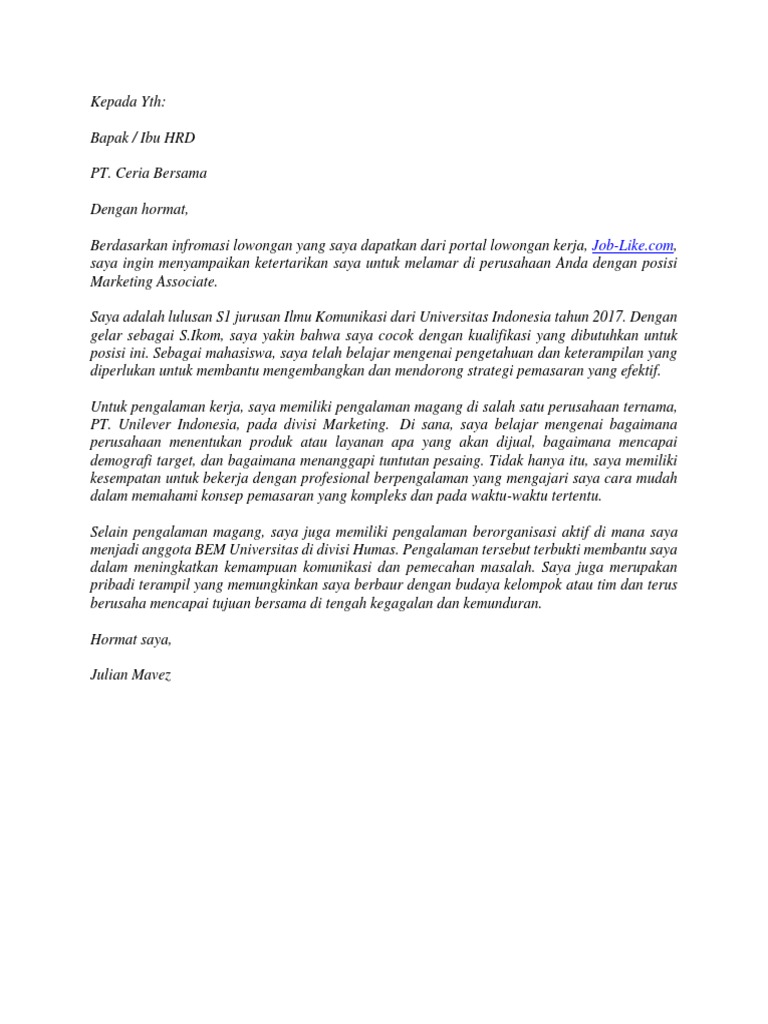 Contoh Cover Letter untuk Marketing | PDF | Bisnis | Ilmu Sosial
