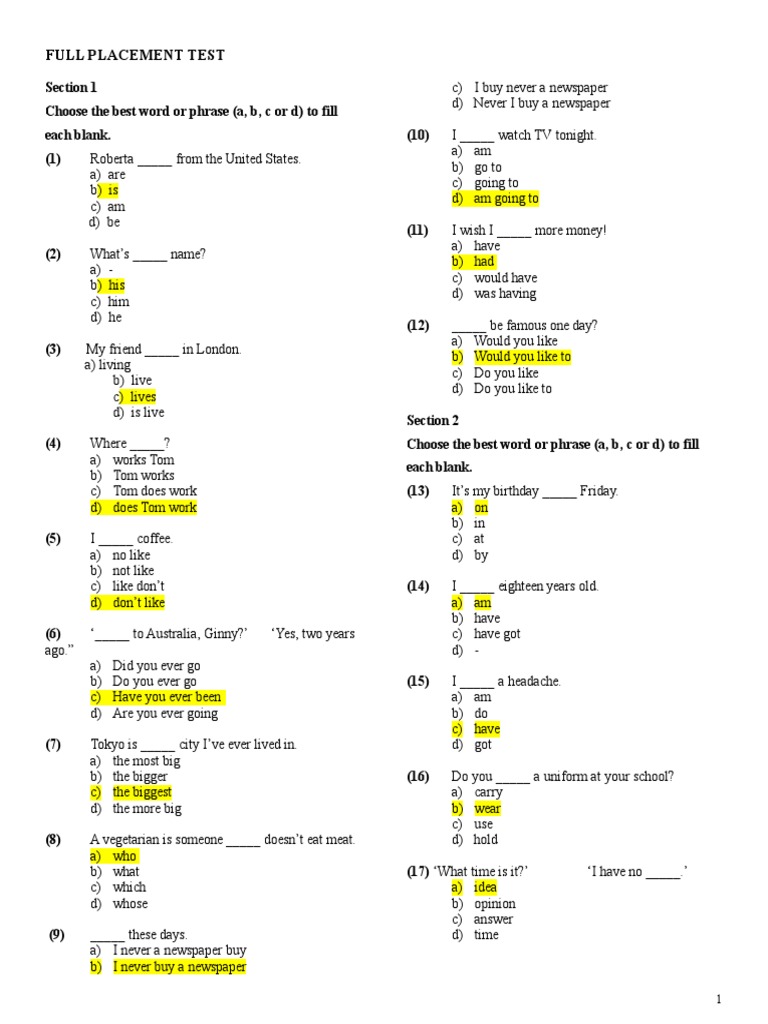 Full Placement Test Updated July 2015 Pdf Tourism Prediction
