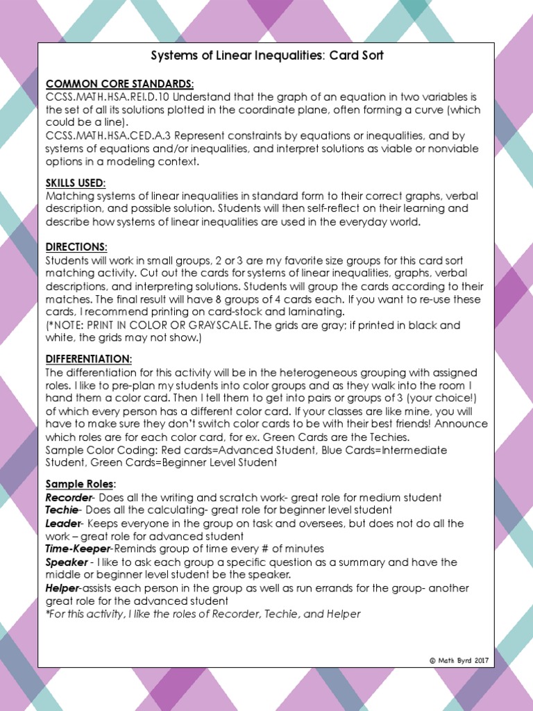 Systems of Linear Inequalities Card Sort Preview | PDF | Equations ...