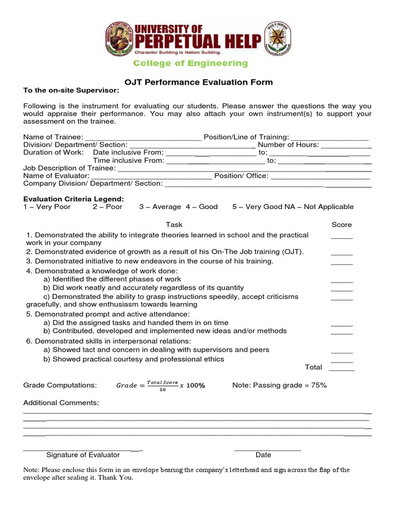 OJT Matrix Performance Evaluation Form | PDF | Performance Appraisal | Education Theory