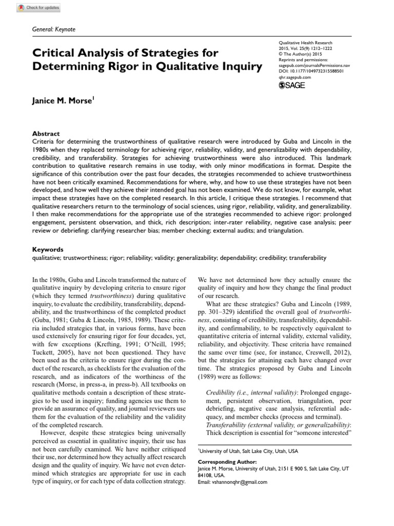 Critical Analysis of Strategies For Determining Rigor in Qualitative ...