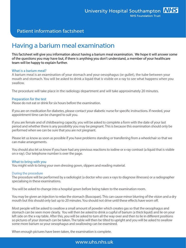 Having A Barium Meal Examination: Patient Information Factsheet | PDF ...