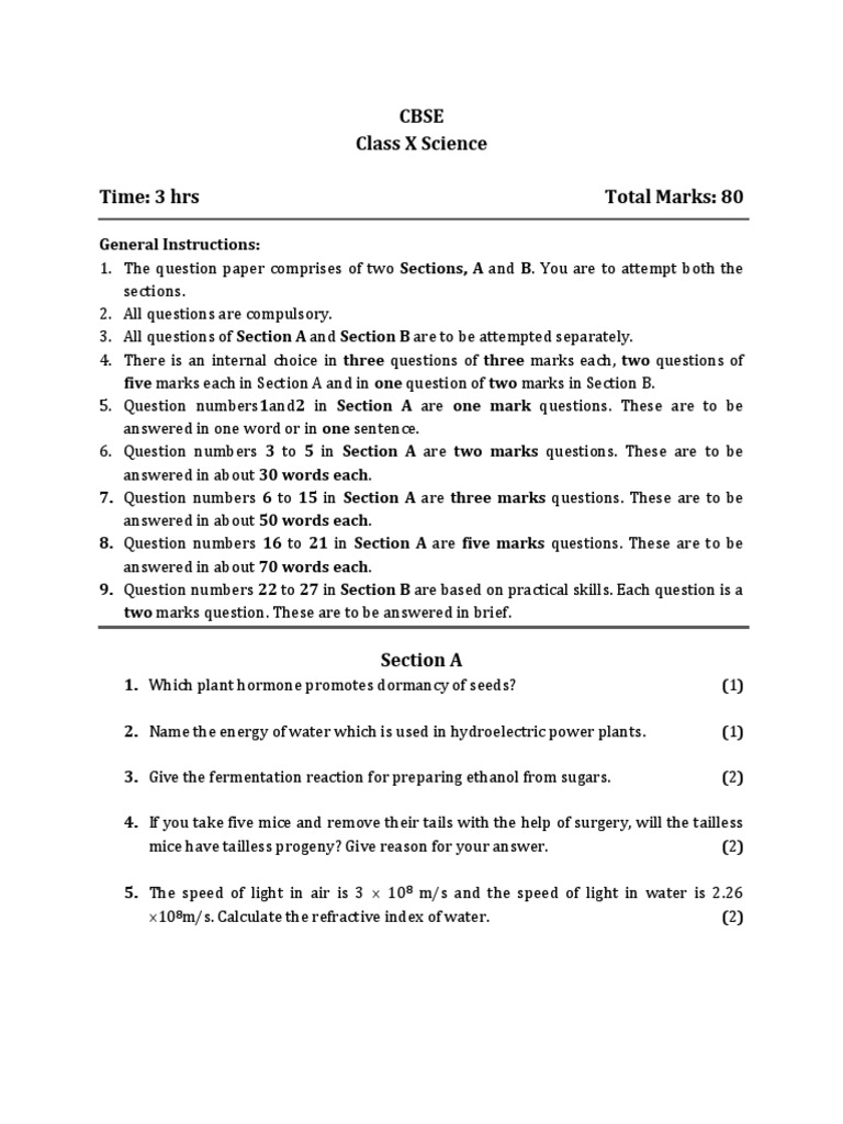 Cbse Class X Science Time: 3 Hrs Total Marks: 80 | PDF | Electrical ...