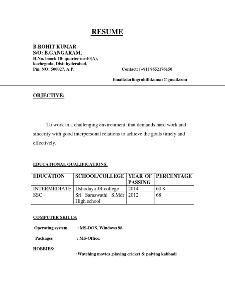 Resume: B.Rohit Kumar S/O: B.Gangaram | PDF | Career & Growth