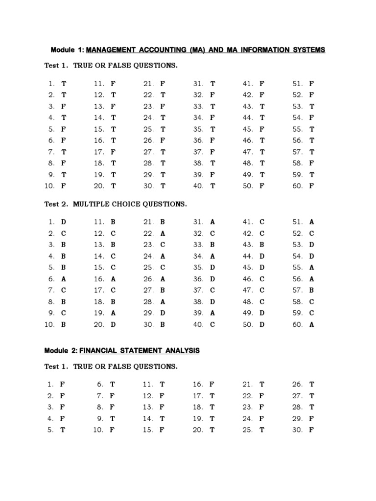 ANSWER KEY Modules 1 5 T or F and MC PDF | PDF | Cognition | Cognitive ...