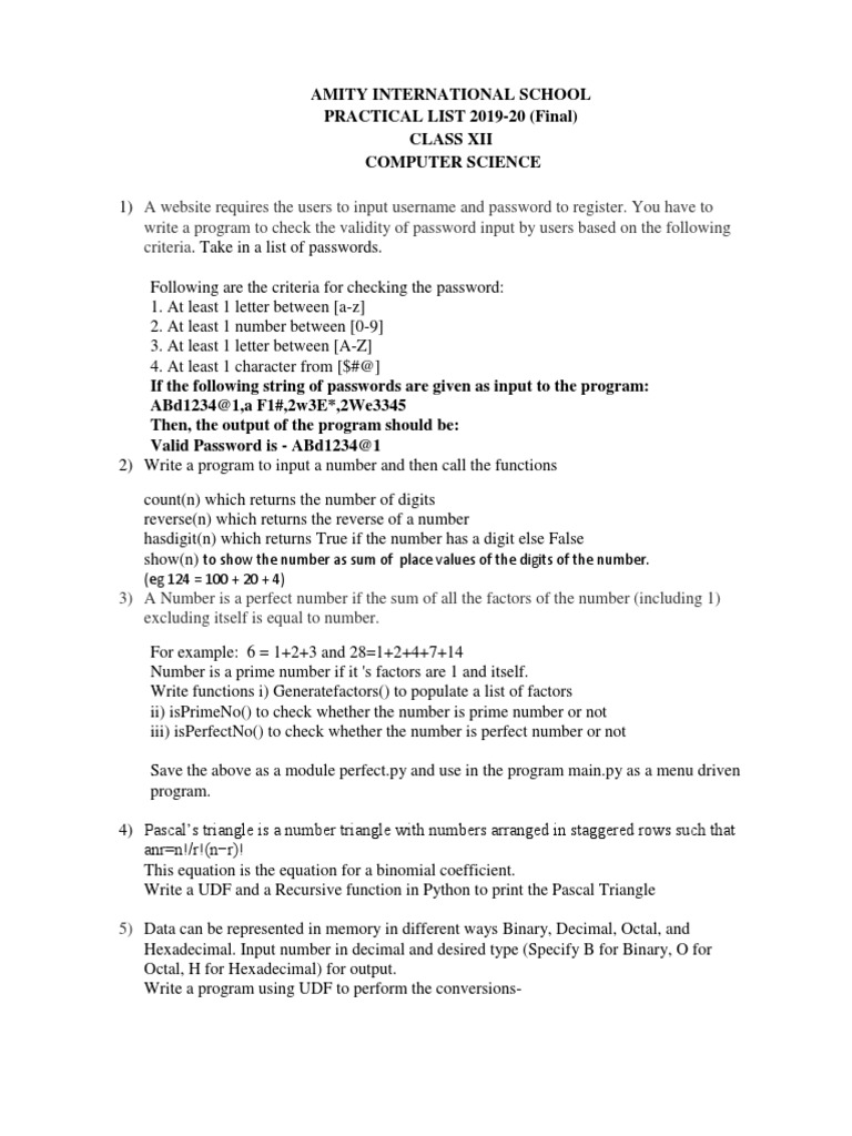 Python Practical List Xii 2019-2020 | PDF | Areas Of Computer Science ...
