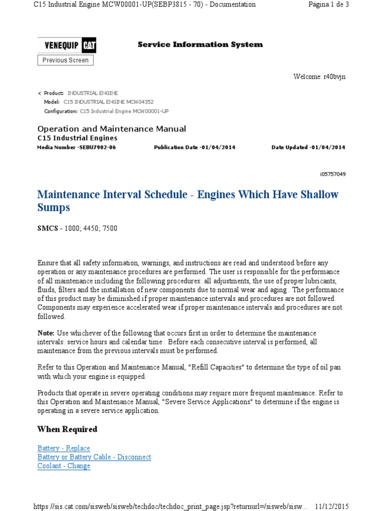 Maintenance Interval Schedule c15 MCW PDF | PDF | Motor Oil | Engines