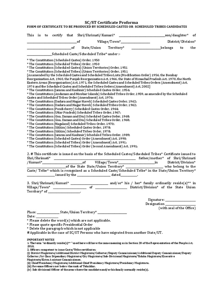 SC/ST Certificate Proforma: Form of Certificate To Be Produced by ...