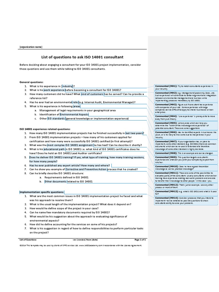 List of Questions To Ask ISO 14001 Consultant: (Organization Name ...