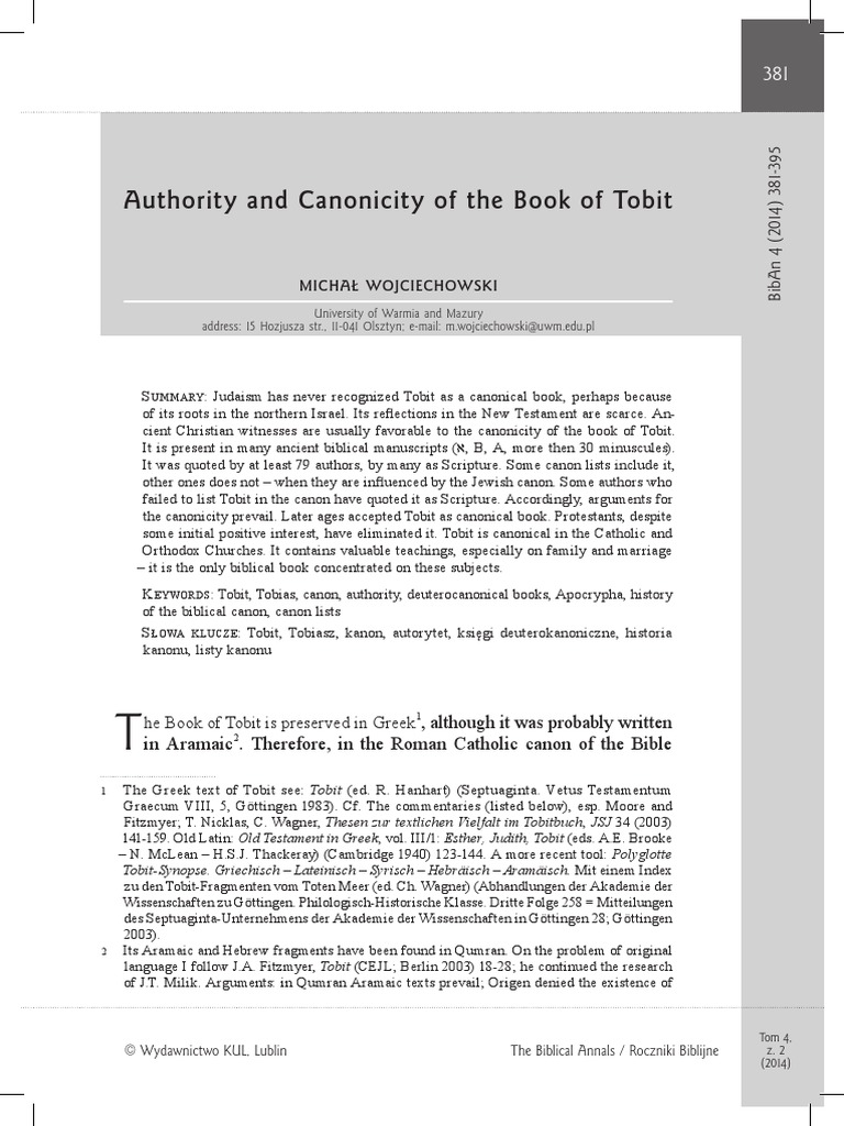 Canonicity - and - Authority - of - The - Book - of Tobit | PDF | Bible ...