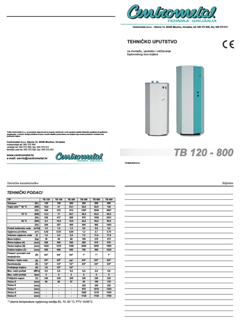 Centrometal TB Akumulacijski Bojler Za Toplu Vodu Teh Upute | PDF
