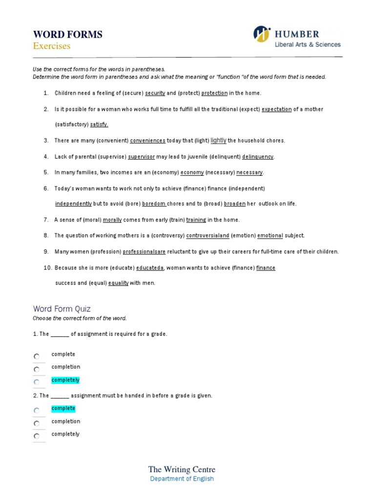Word Forms Exercises | PDF | Psychology