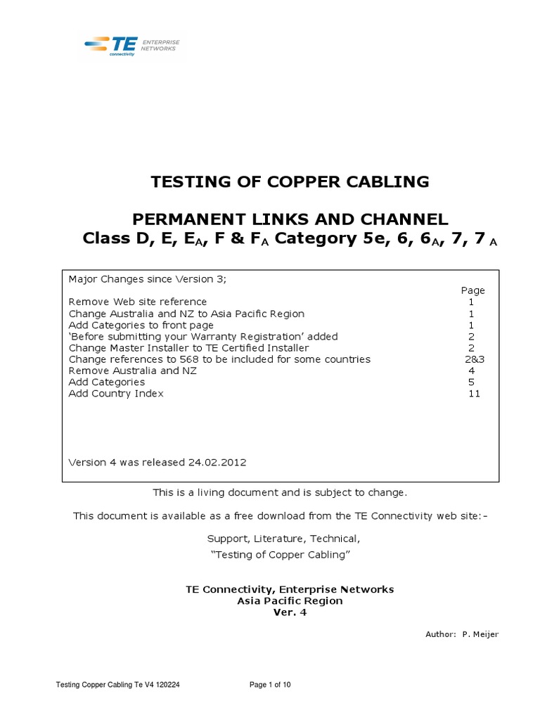 Testing Of Copper Cabling Permanent Links And Channel Class D, E, E , F ...