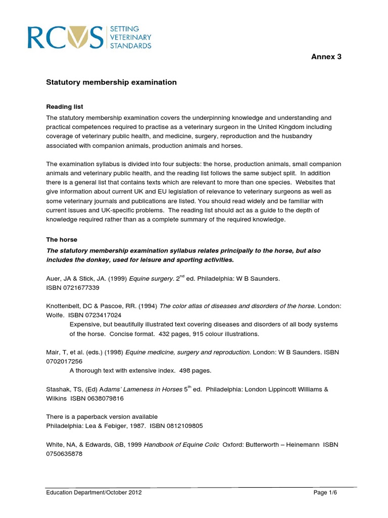 Veterinary Exam Reading List Overview | PDF | Veterinary Medicine ...