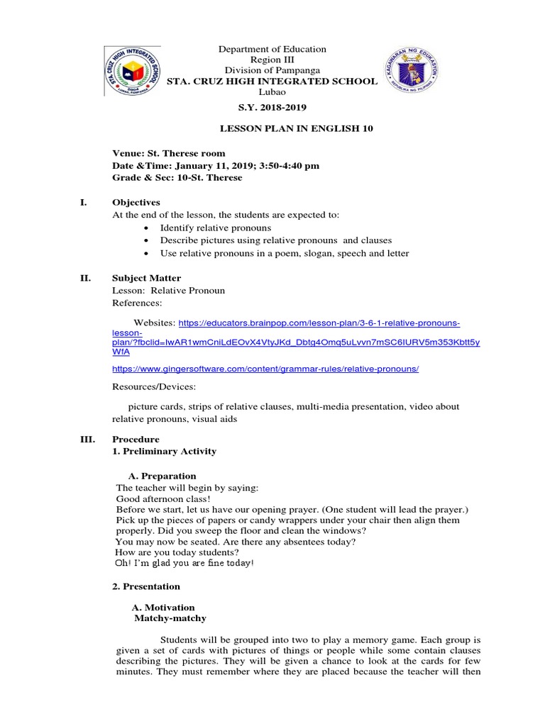 Relative Pronoun Lesson Plan | PDF | Pronoun | Noun