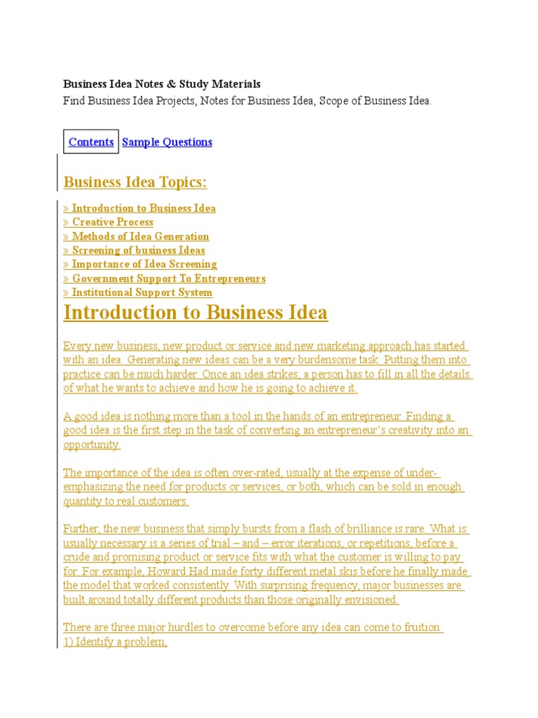 Business Idea Notes | PDF | Entrepreneurship | Brainstorming
