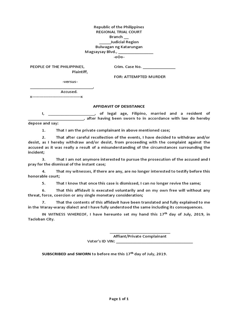 Affidavit of Desistance Attempted Murder | PDF | Affidavit | Legal ...