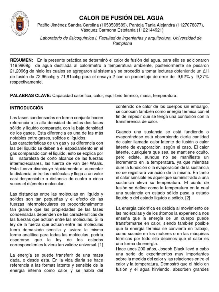 Calor de fusión del agua: ΔH y métodos | PDF | Fase (materia) | Calor
