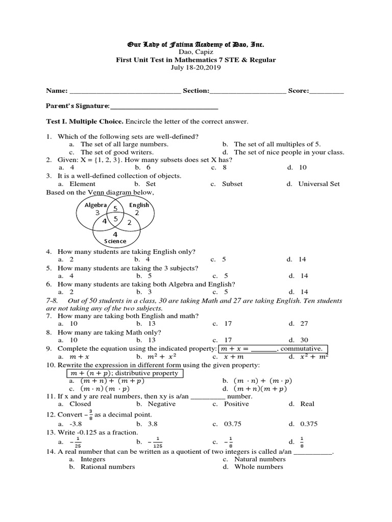 First Unit Test in Mathematics 7 STE & Regular: Algebra English | PDF ...