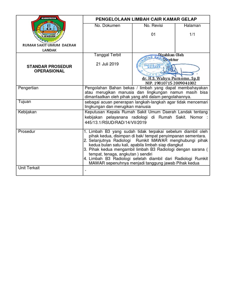 Spo Pengelolaan Limbah Cair Kamar Gelap | PDF