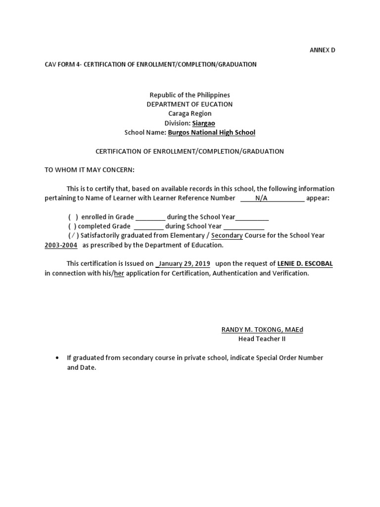 Cav Requirements Form | PDF | Learning | Schools