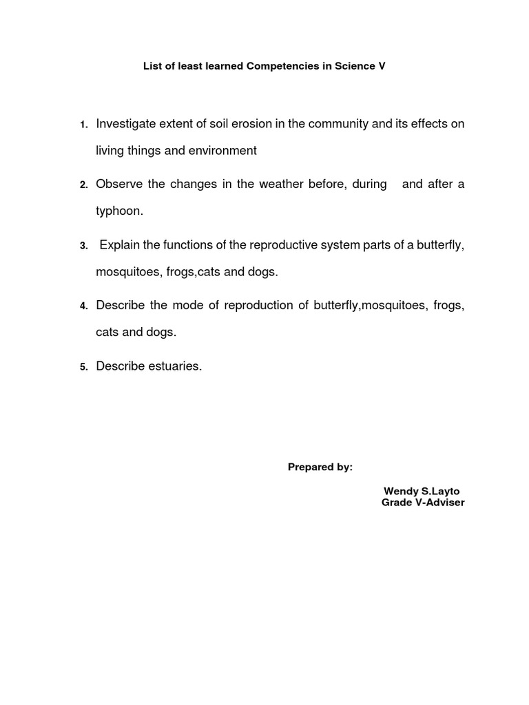 List of Least Learned Competencies in Science | PDF