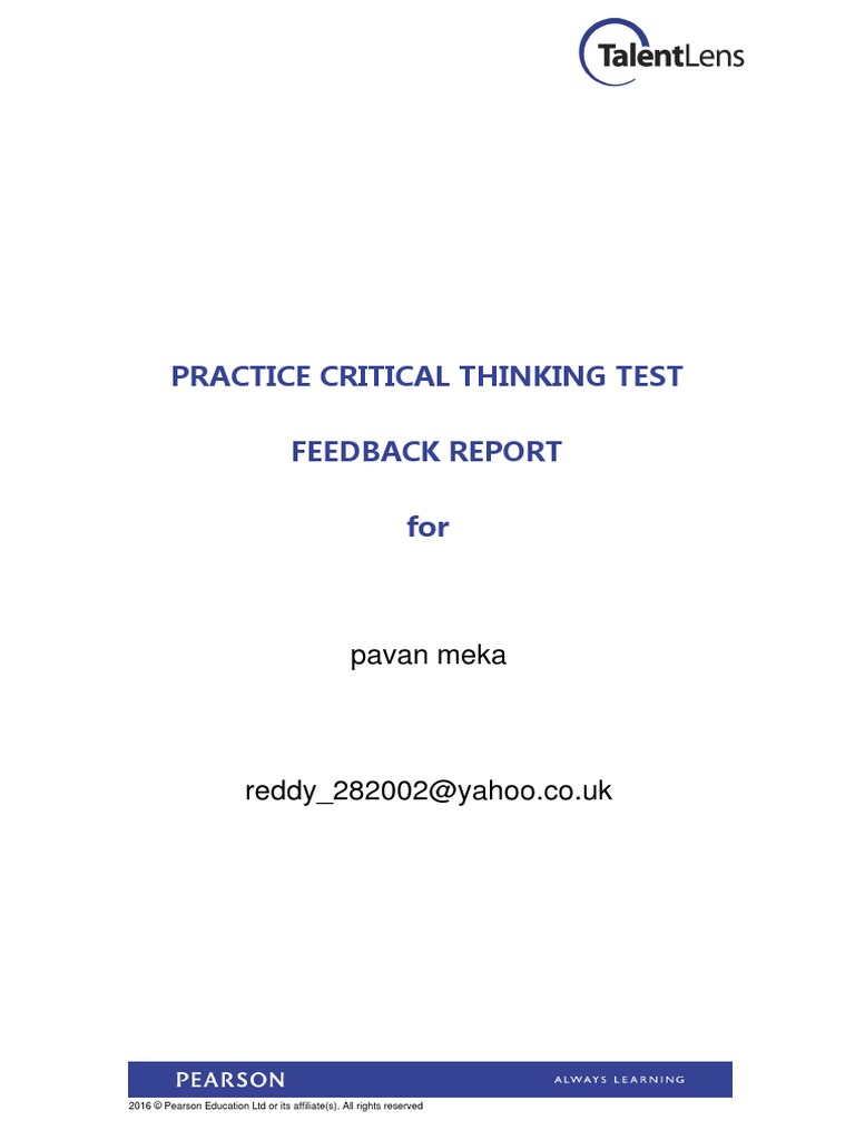 Practice Critical Thinking Test Feedback Report For: Pavan Meka | PDF ...