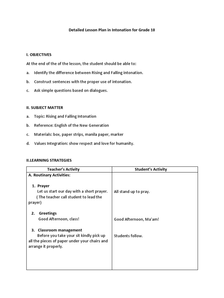 Detailed Lesson Plan in Intonation For Grade 10 | PDF | Classroom ...