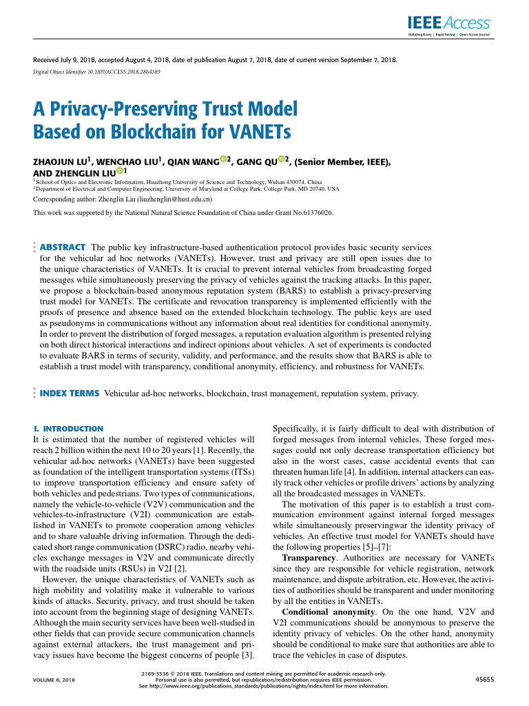 A Privacy-Preserving Trust Model Based On Blockchain For Vanets | PDF | Public Key Cryptography ...