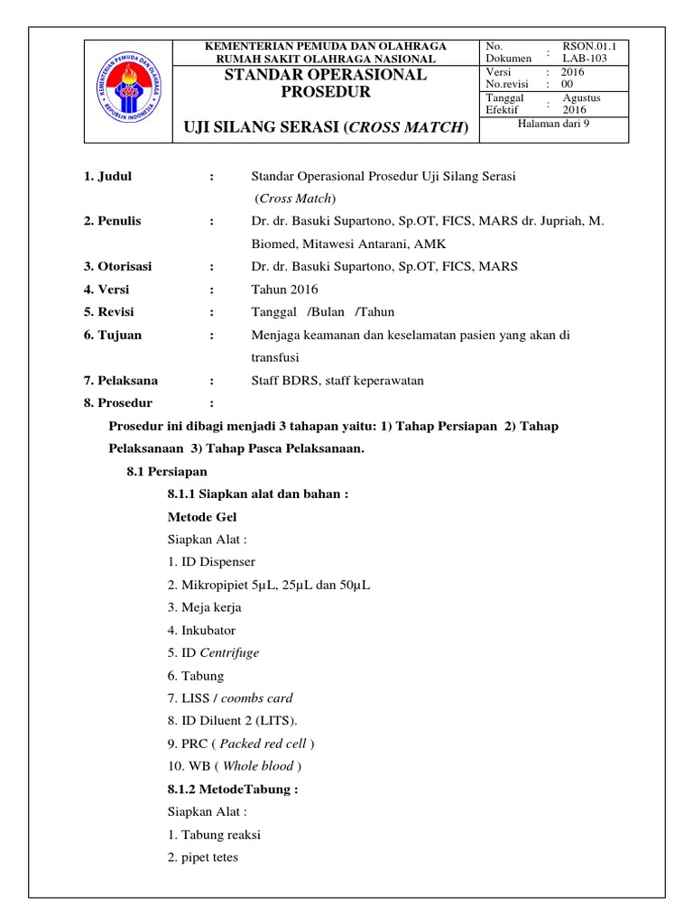 SOP Uji Silang Serasi | PDF