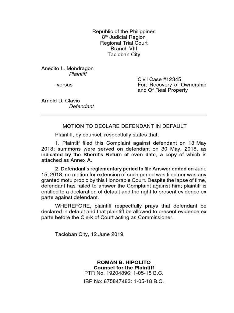 Motion to Declare Defendant in Default | PDF | Complaint | Courts