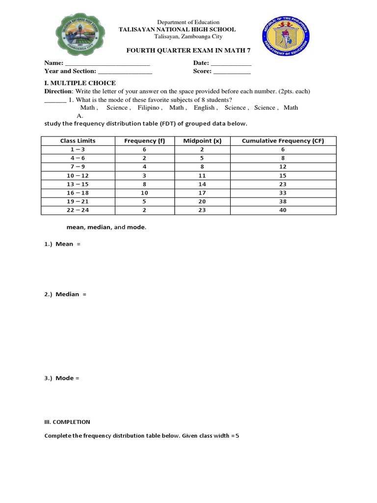 Math 7 Fourth Quarter Exam | PDF