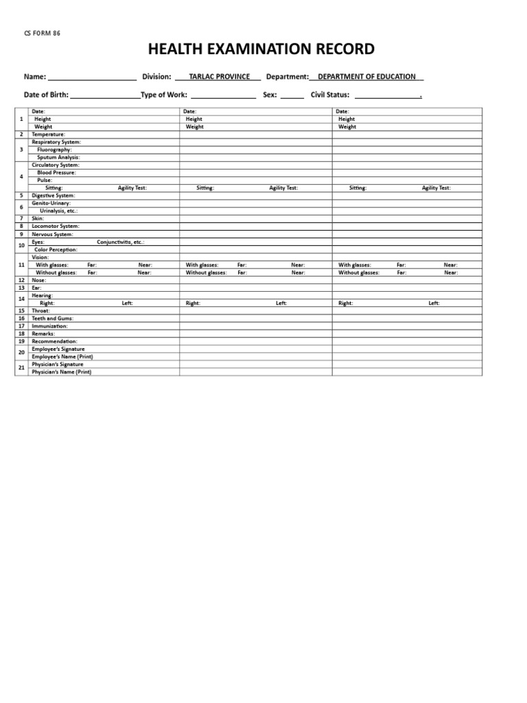 Health Examination Record: Cs Form 86 | PDF