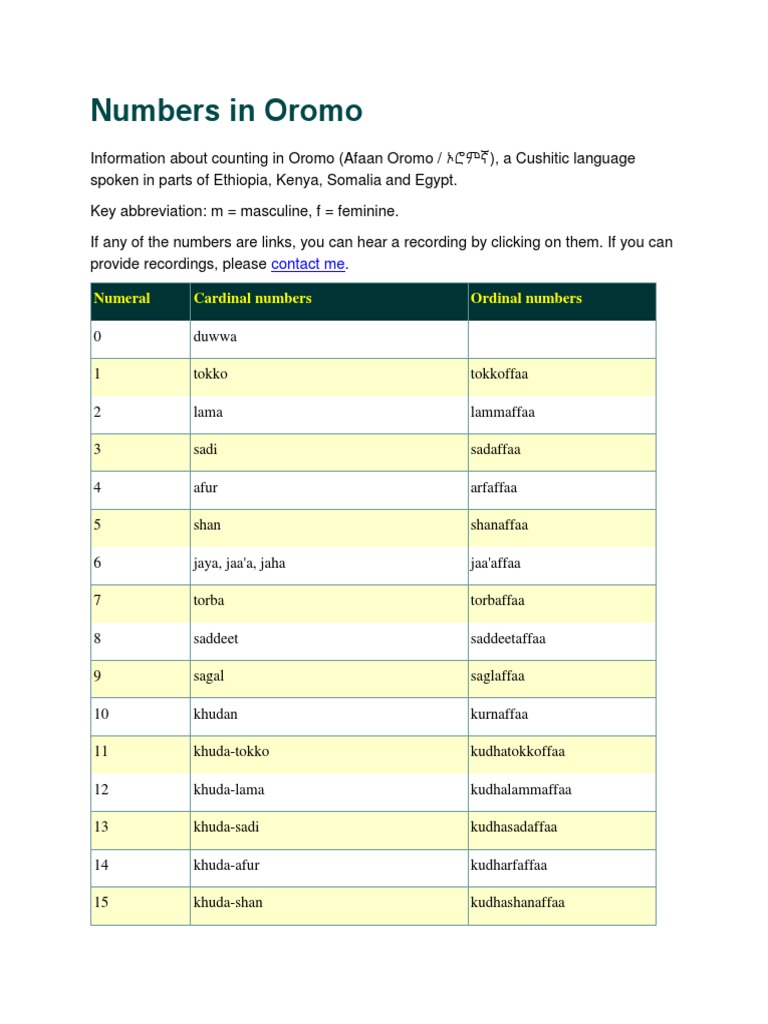Numbers in Oromo: Numeral Cardinal Numbers Ordinal Numbers | PDF ...