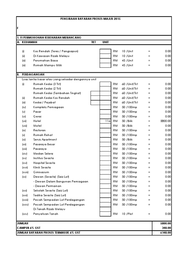 Pengiraan Bayaran Proses Majlis 2015 | PDF