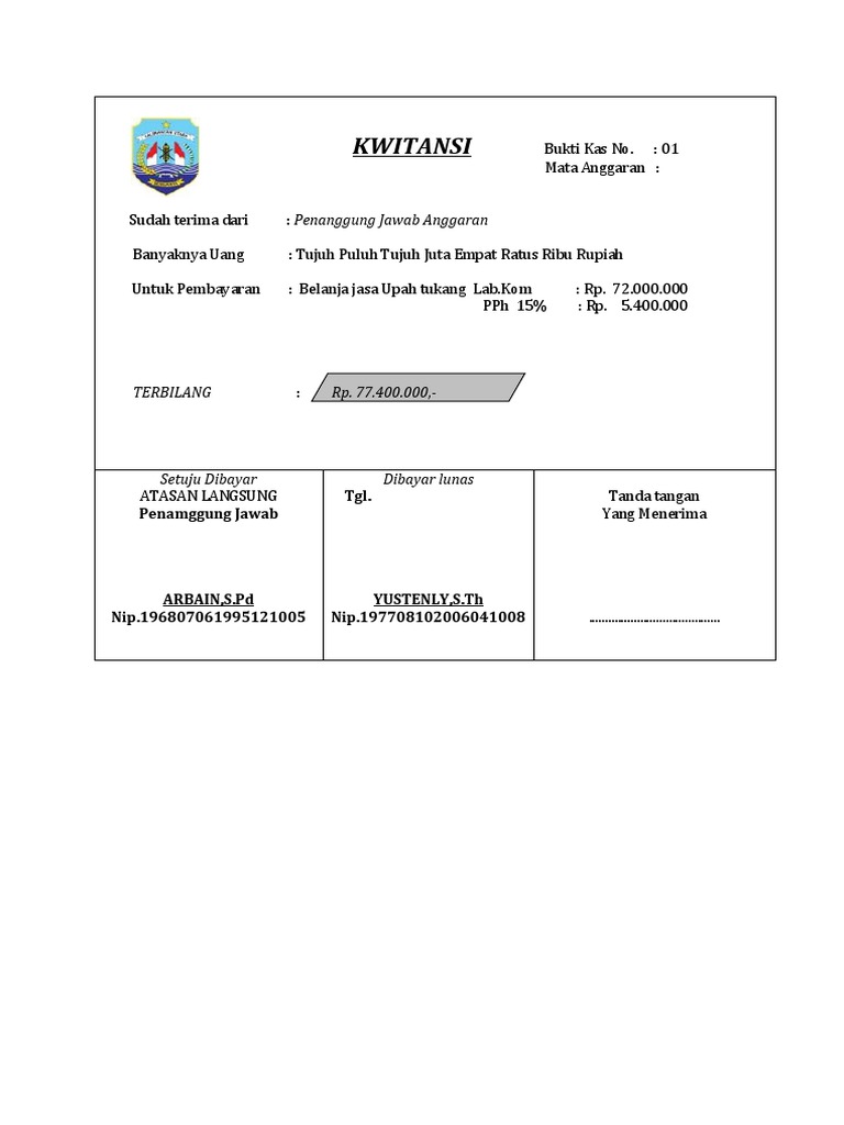 Kwitansi Lab - Komputer Tanpa Pajak 10 % | PDF