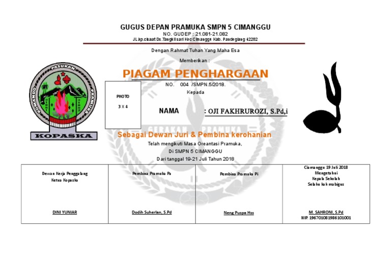 Piagam Penghargaan Pramuka SMPN 5 | PDF