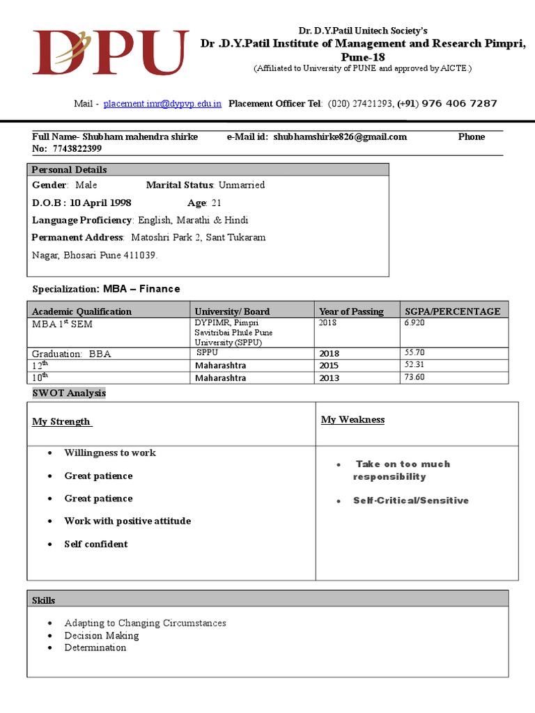 SIP Resume Shubham Shirke | PDF