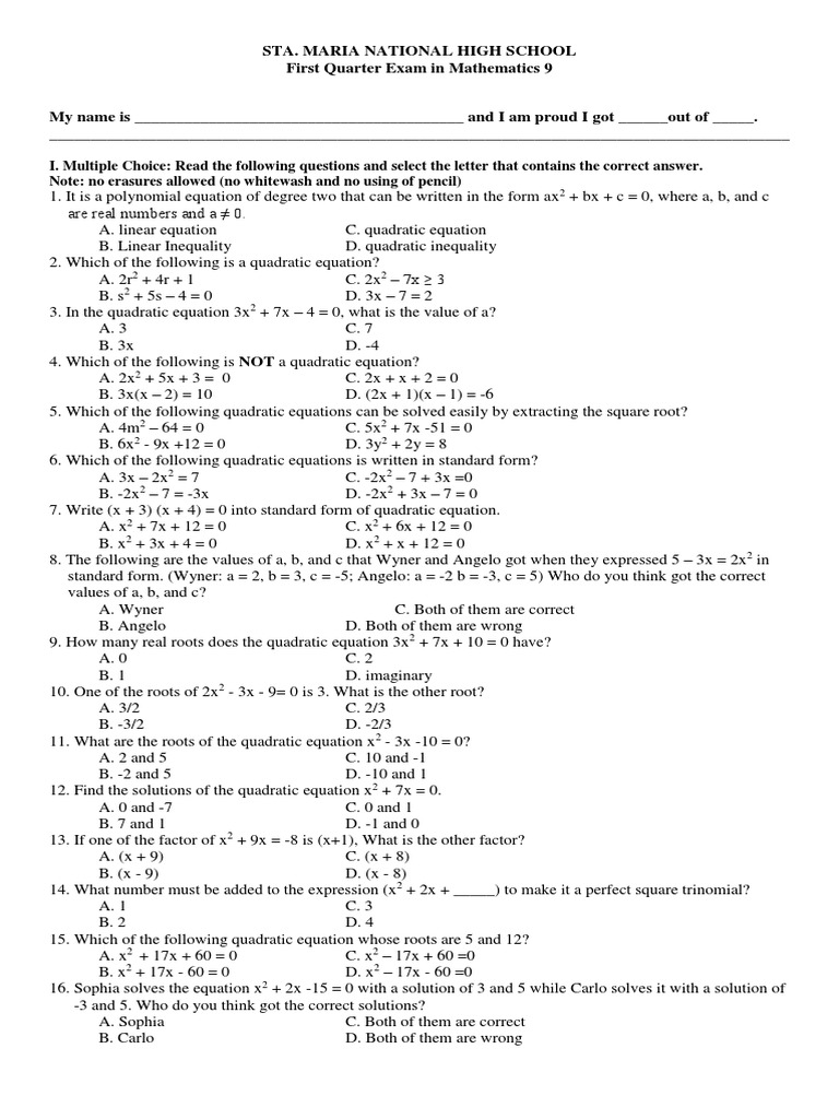 1st Quarter Exam Math 9 (2018-19) | PDF | Quadratic Equation | Zero Of ...