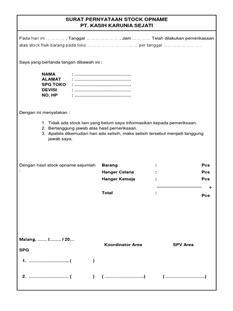 Surat Pernyataan Stock Opname | PDF