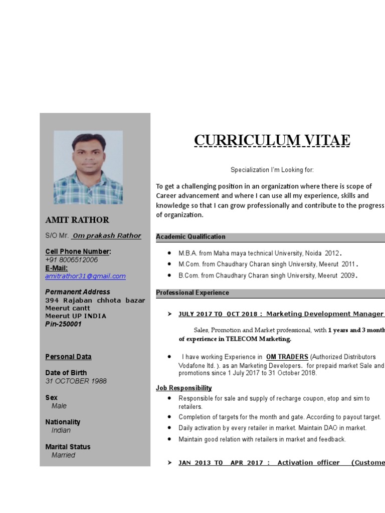 A Challenging Opportunity: Curriculum Vitae of Amit Rathor Seeking a ...