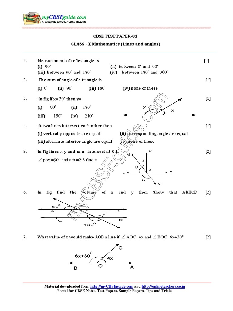 09 Mathematics Lines and Angles Test 01 PDF | PDF | Angle | Elementary ...
