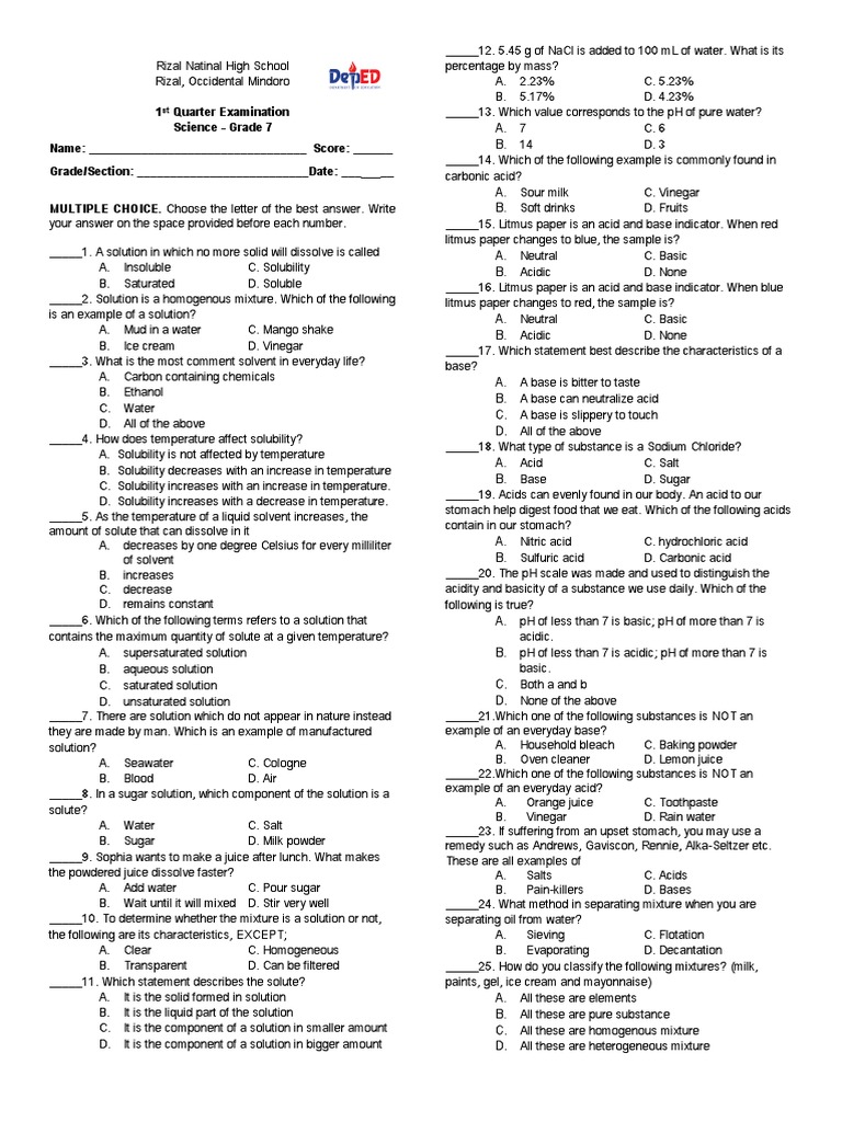 Science-7 Test | PDF | Solution | Chemical Substances